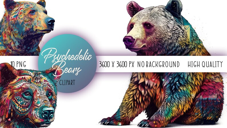 Psychedelic Bears Clipart, Colorful Bears Art, Trippy Bears, Acid Bears ...