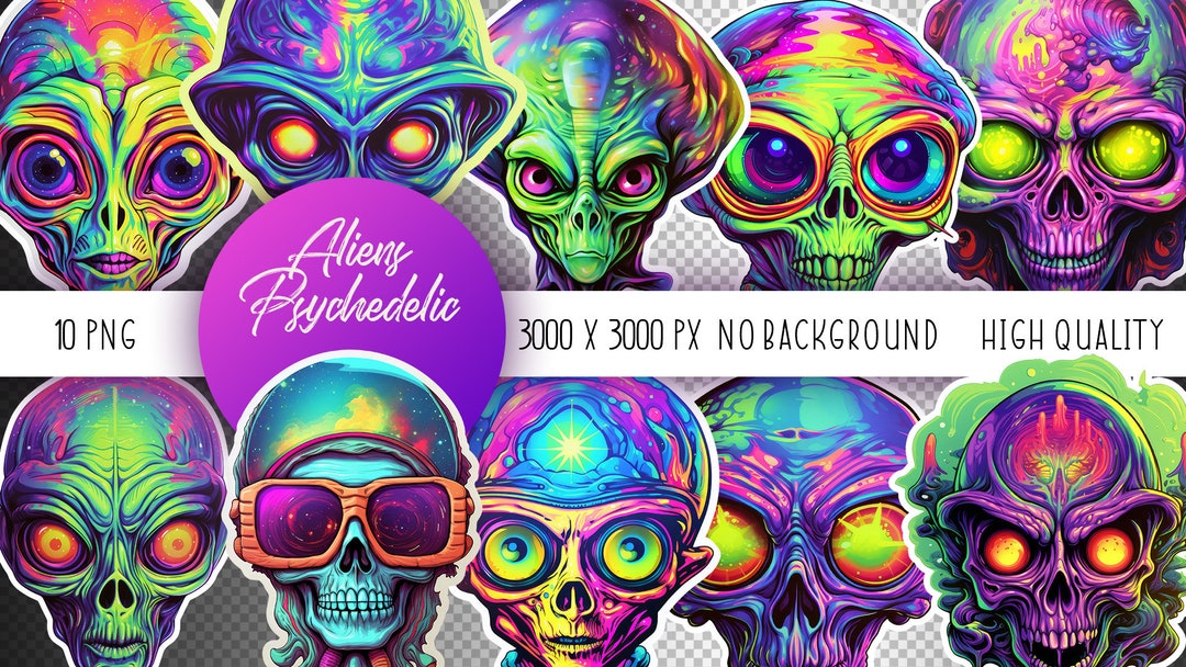 Psychedelic Aliens Clipart, Trippy Aliens Sticker Pack, Acid Aliens PNG ...