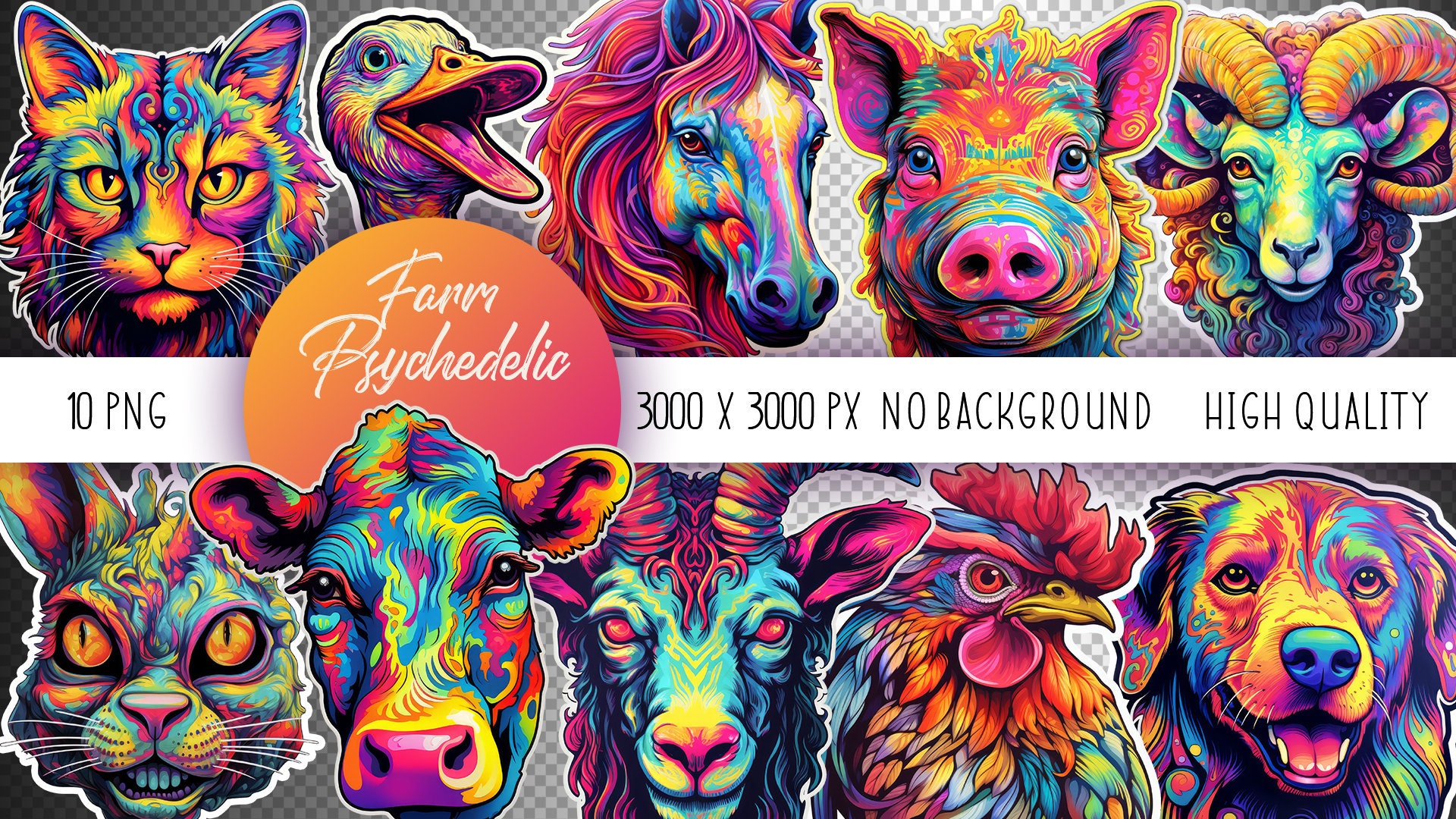 Psychedelic Farm Clipart Trippy Animals Sticker Pack Acid - Etsy Canada