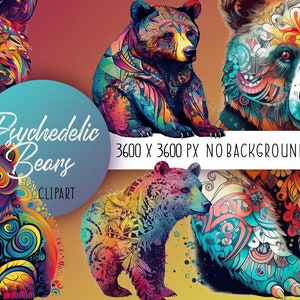 Psychedelic Bears Clipart, Colorful Bears Art, Trippy Bears, Acid Bears Clipart, Painted Bear ...