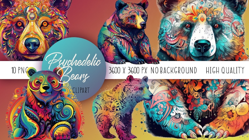 Psychedelic Bears Clipart Colorful Bears Art Trippy Bears - Etsy