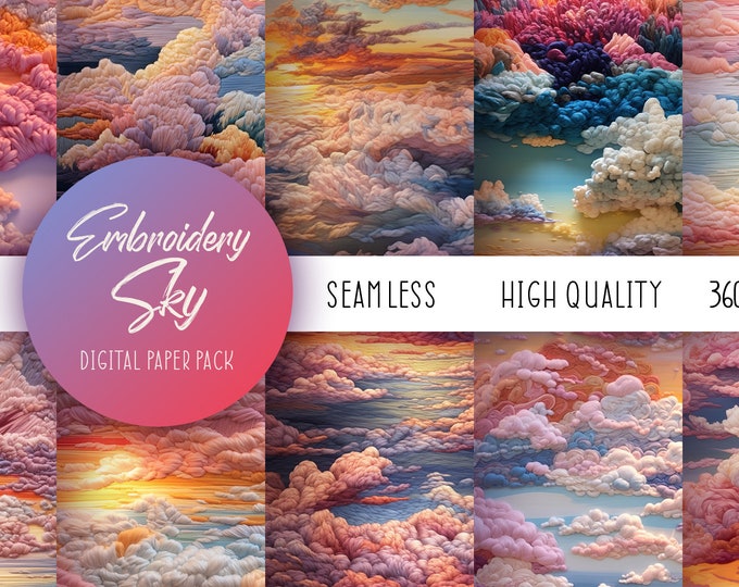 Sky Embroidery Digital Paper, Cloudscape Seamless Pattern, Heavenly ...