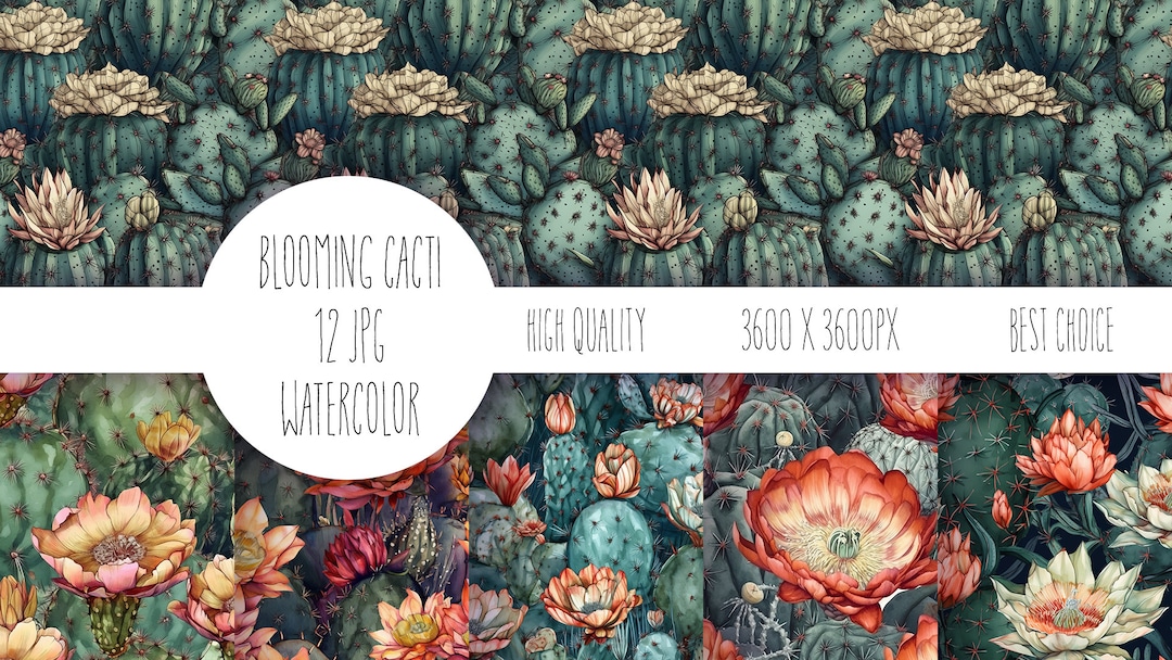 Blooming Cacti Digital Paper, Floral Clipart, Greenery Digital Paper ...