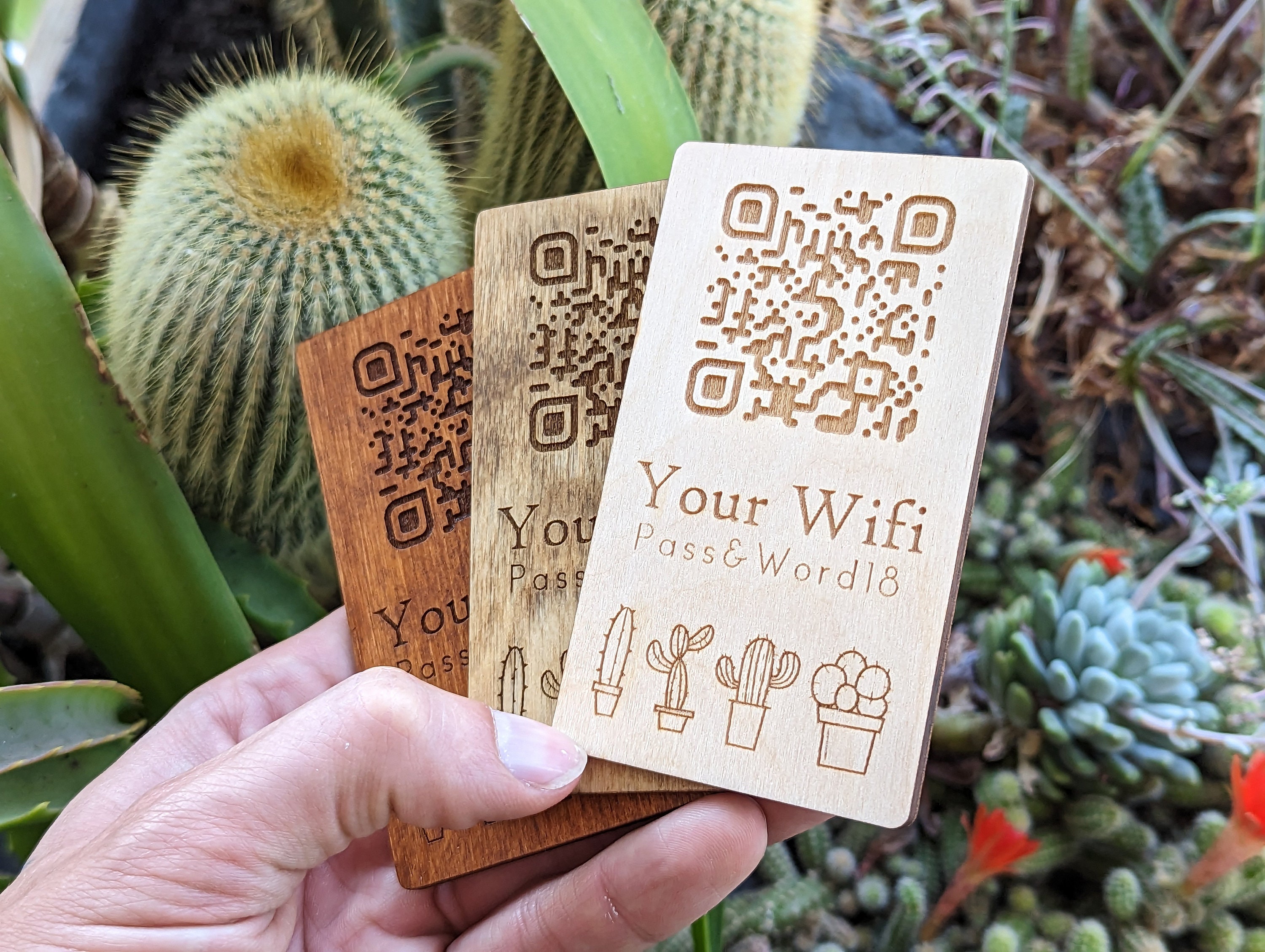 Cactus Design Wifi QR Code for Easy Login | Wooden Item, Plaque With ...