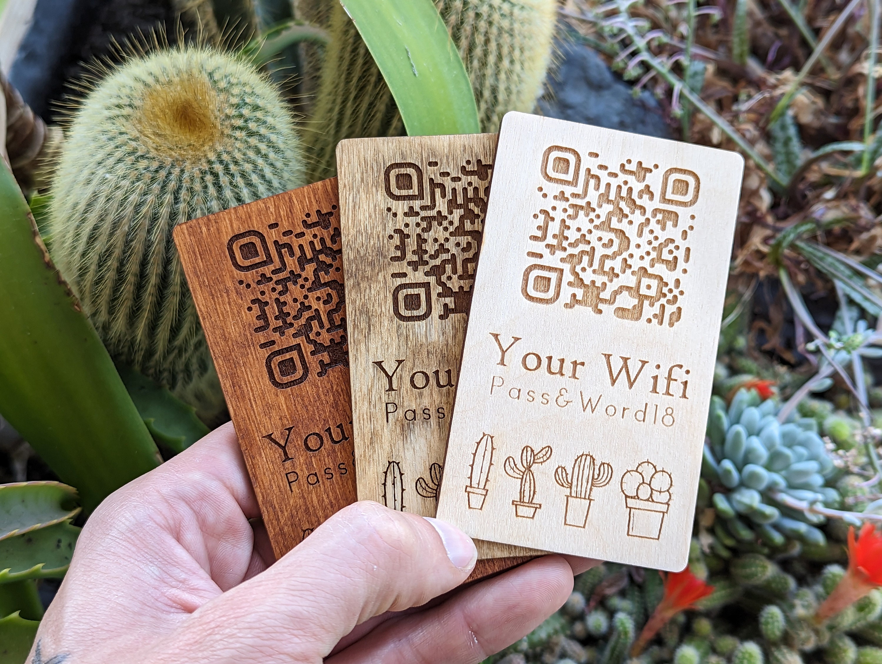 Cactus Design Wifi QR Code for Easy Login | Wooden Item, Plaque With ...