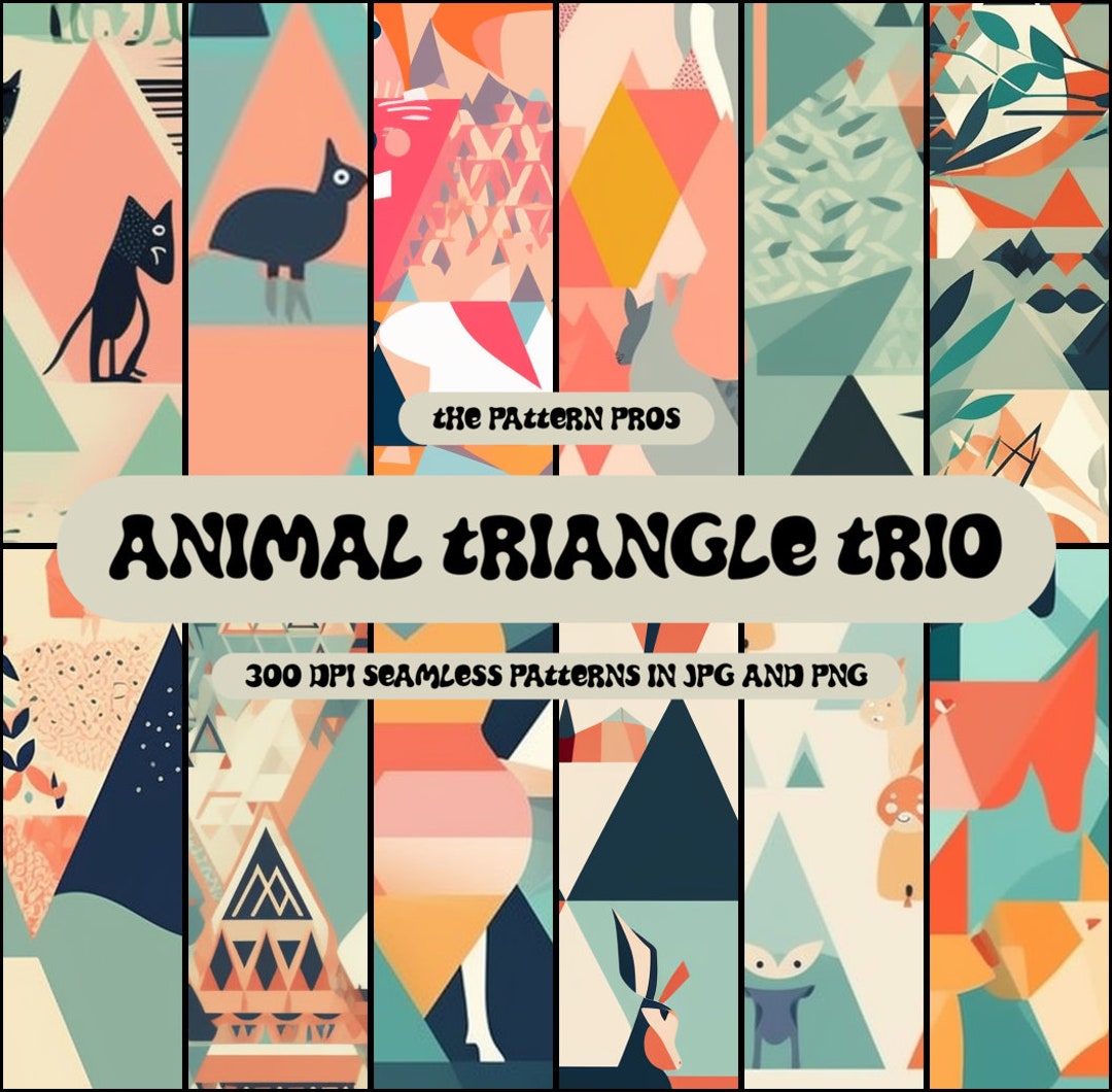 12 Whimsical Animal Triangle Patterns, Bright Tones, Seamless Digital ...