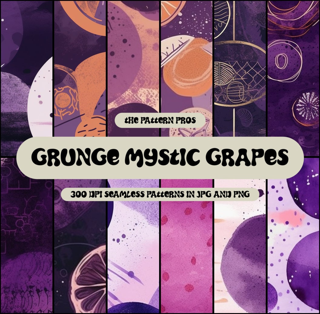 12 Mystical Food Grunge Patterns, Purple Shades, Seamless Digital ...