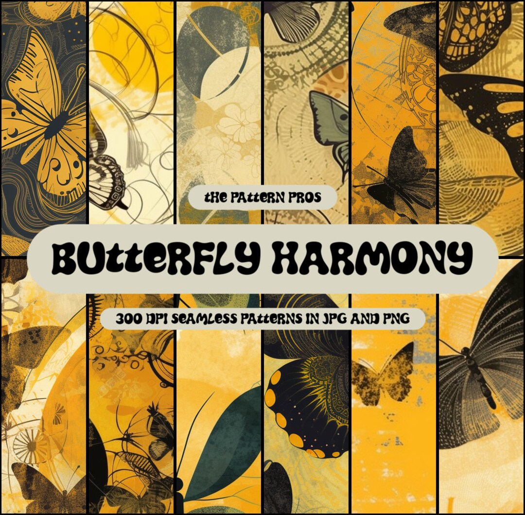 12 Beautiful Butterfly Patterns, Yellow Organic Circles, Grunge ...