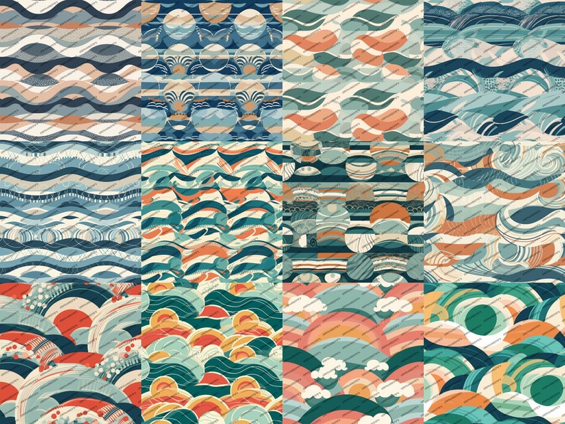12 Beachy Wave Patterns, Seamless Digital Patterns Digital Papers JPG ...