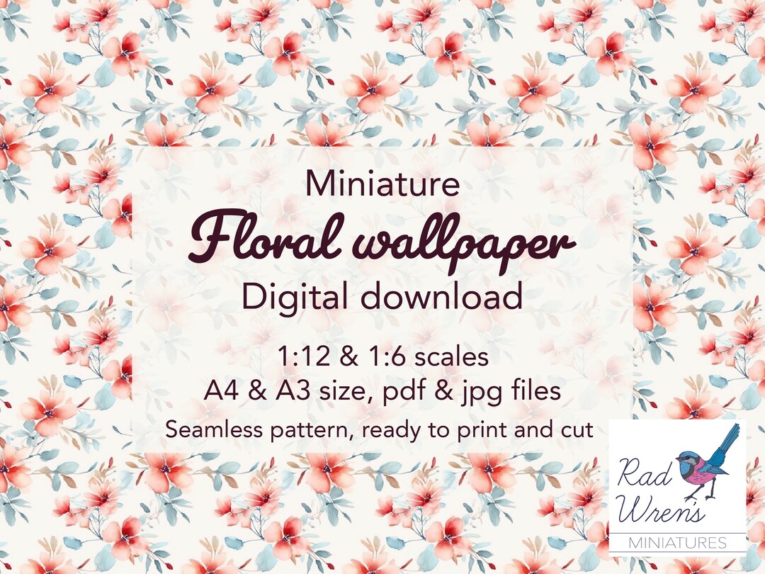 Cute Floral Watercolor Dollhouse Wallpaper. Pack Includes 1/12 and 1/6 ...