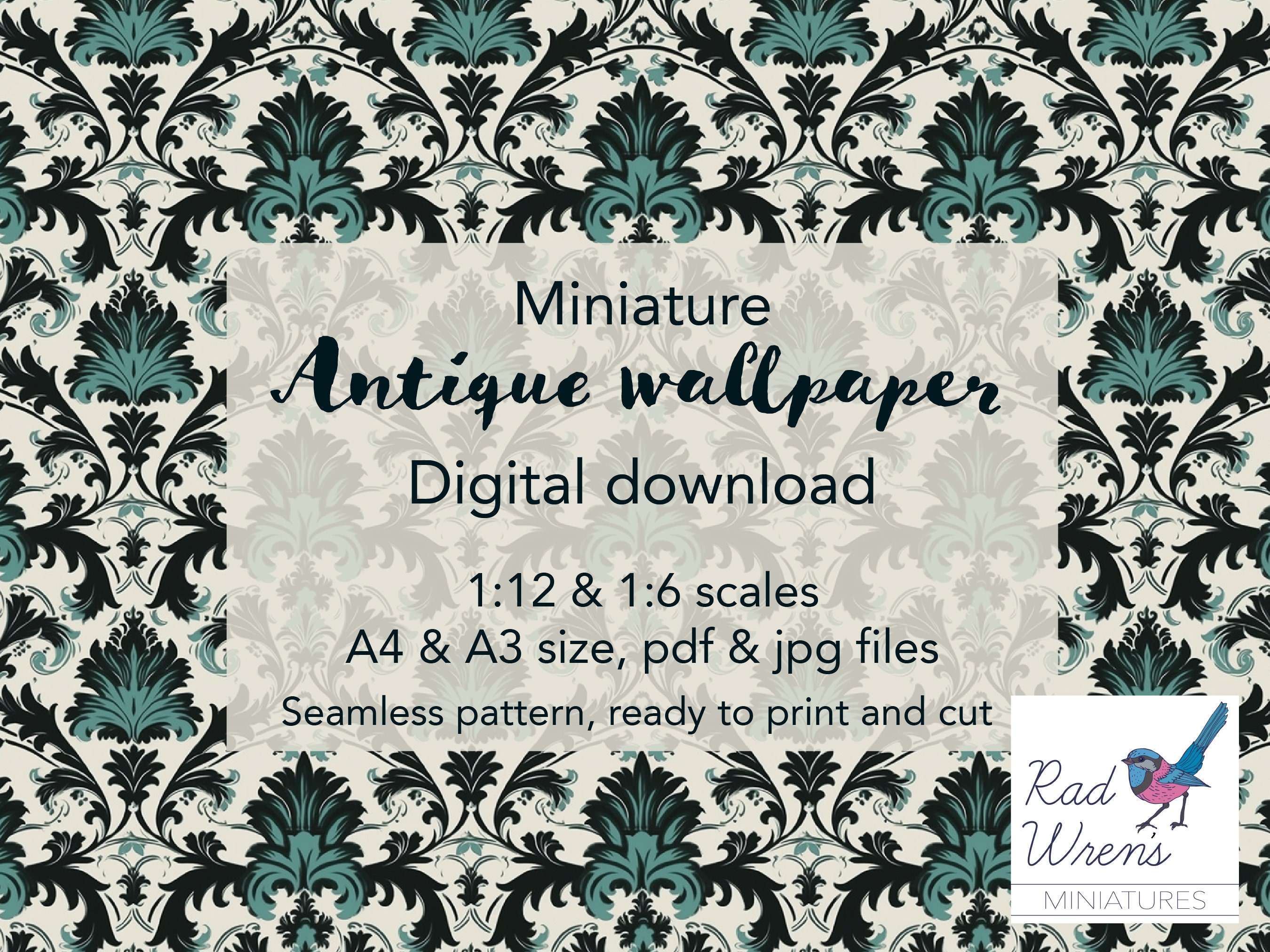 Damask Dollhouse Wallpaper, Antique Design. Pack Includes 1/12 and 1/6 ...