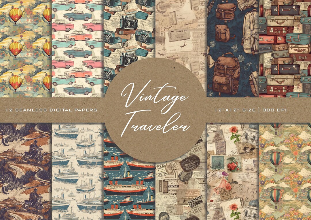 Vintage Traveler - 12 Seamless Digital Paper Patterns, Travel Scrapbook ...