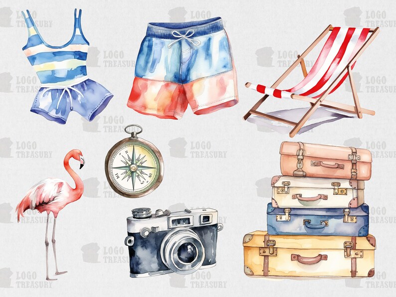 Travel Watercolor Clipart Summer Clipart Summer Holiday - Etsy