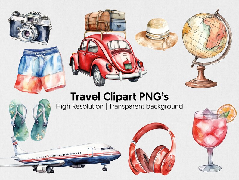 Travel Watercolor Clipart Summer Clipart Summer Holiday - Etsy