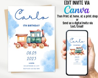 Watercolor Train Birthday Invitation - Etsy