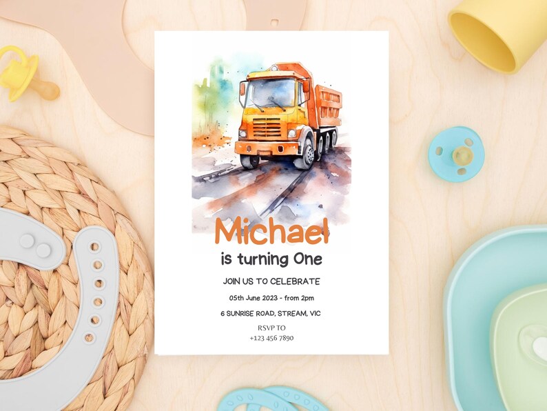 Backhoe Birthday Invitation Template: Neutral DIY Invite (digital ...
