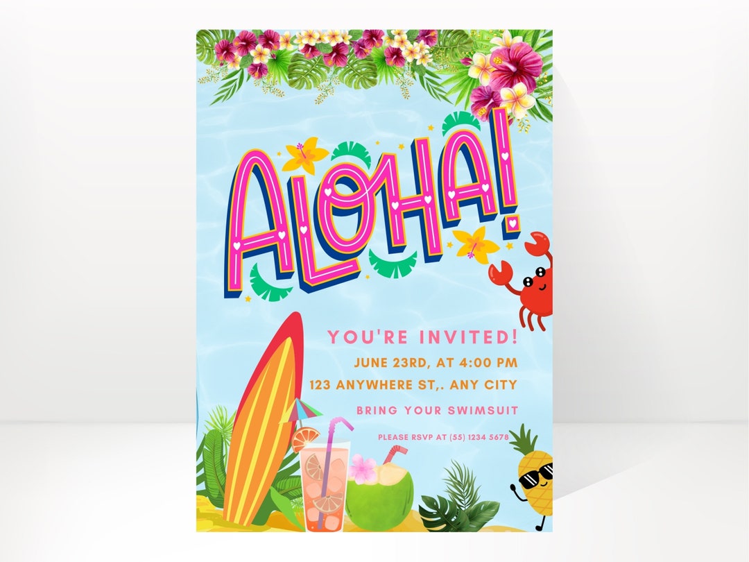 EDITABLE Aloha Pool Party,hawaiian Birthday Invite,tropical Birthday ...