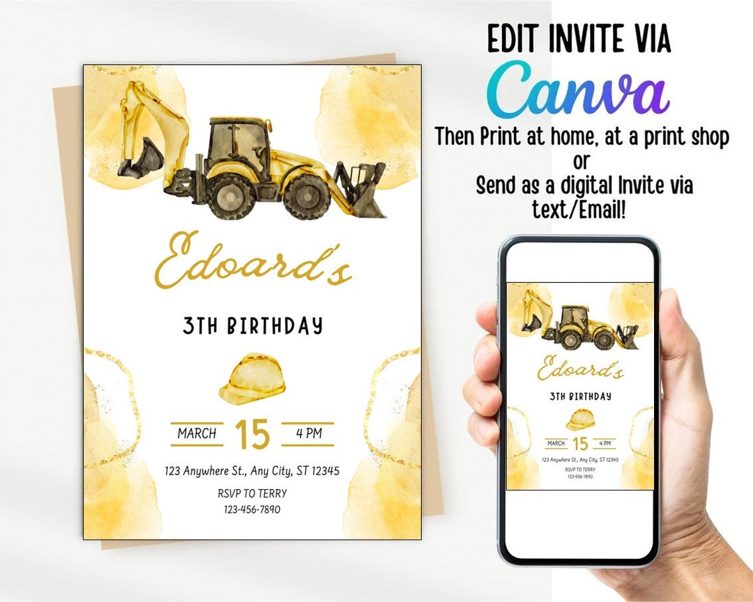 Construction Birthday Invitation Template, Backhoe Birthday Invitation ...