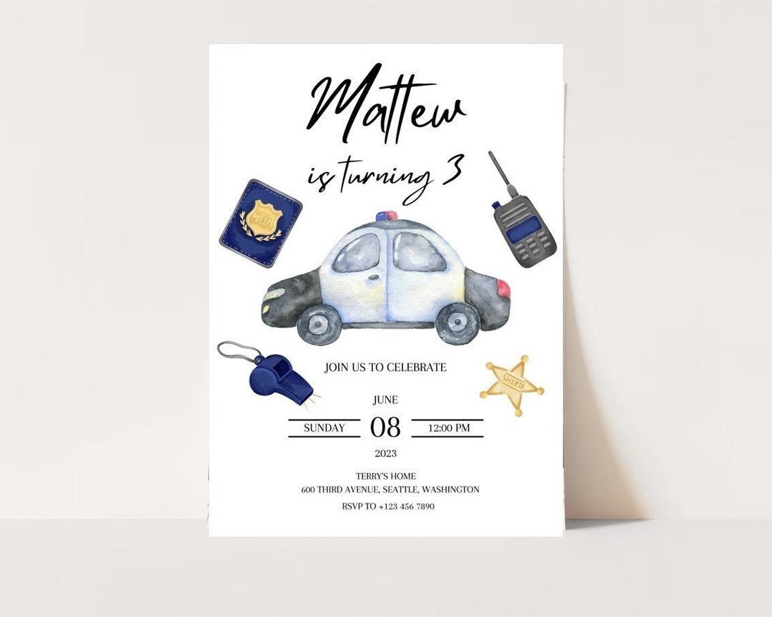 Police Invitation Birthday Party Invite Officer Policeman SWAT Cop Car ...