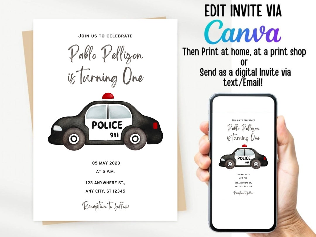 Police Invitation Birthday Party Invite Officer Policeman SWAT Cop Car ...