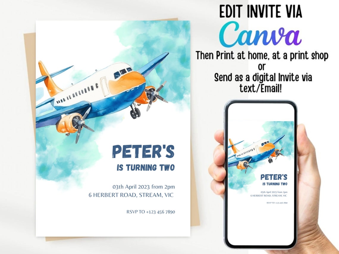Editable Airplane Party Invite Airplane Birthday Invitation, Airplane ...