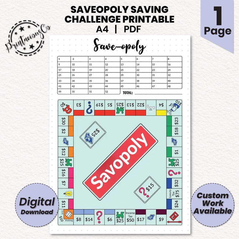 Saveopoly Savings Challenge Printable: Budgeting Game (A4 PDF) - Etsy ...