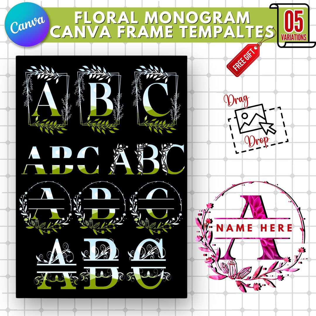 Floral Monogram Canva Template split Monogram flourish Alphabet Frame ...