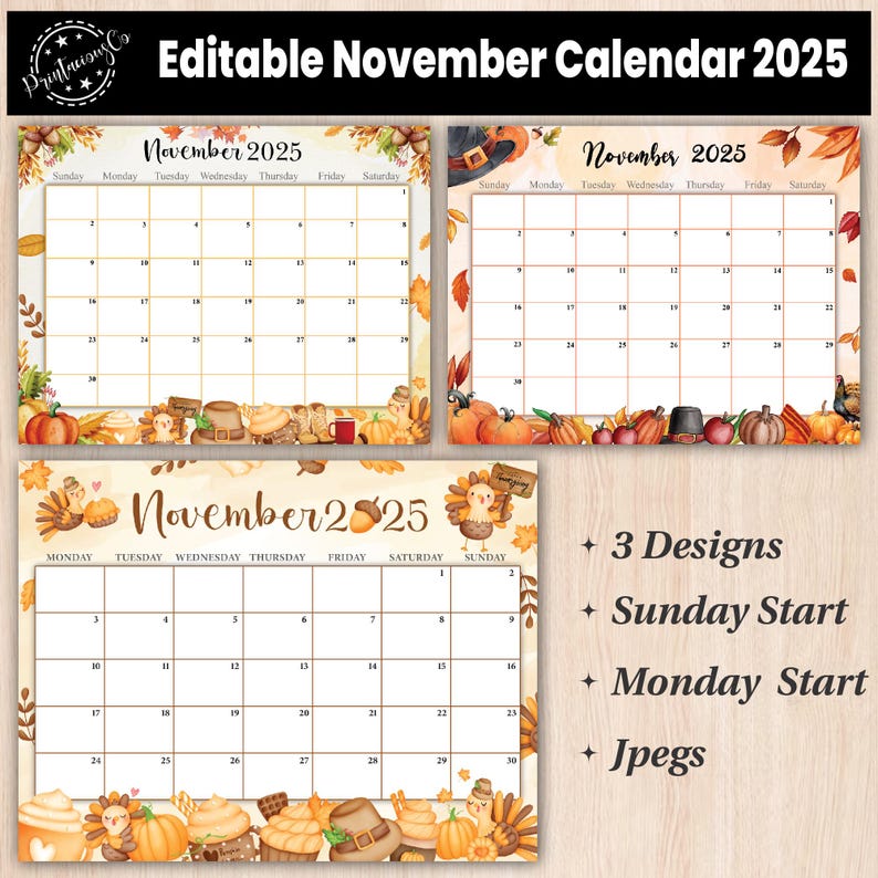Editable November 2025 Calendar: Printable Monthly Planner (digital ...