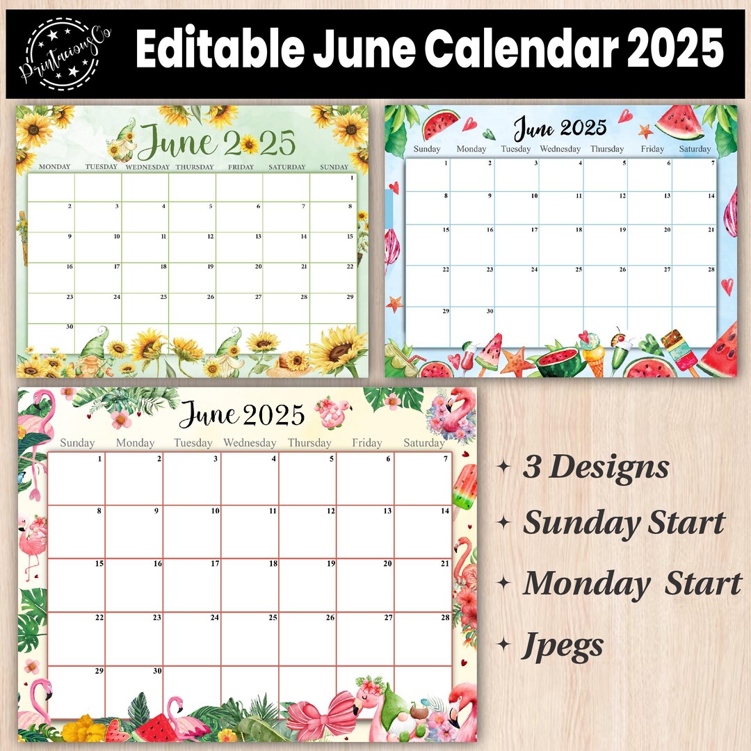 Editable June 2025 Calendar | Printable Wall Calendar 2025 | Fillable ...