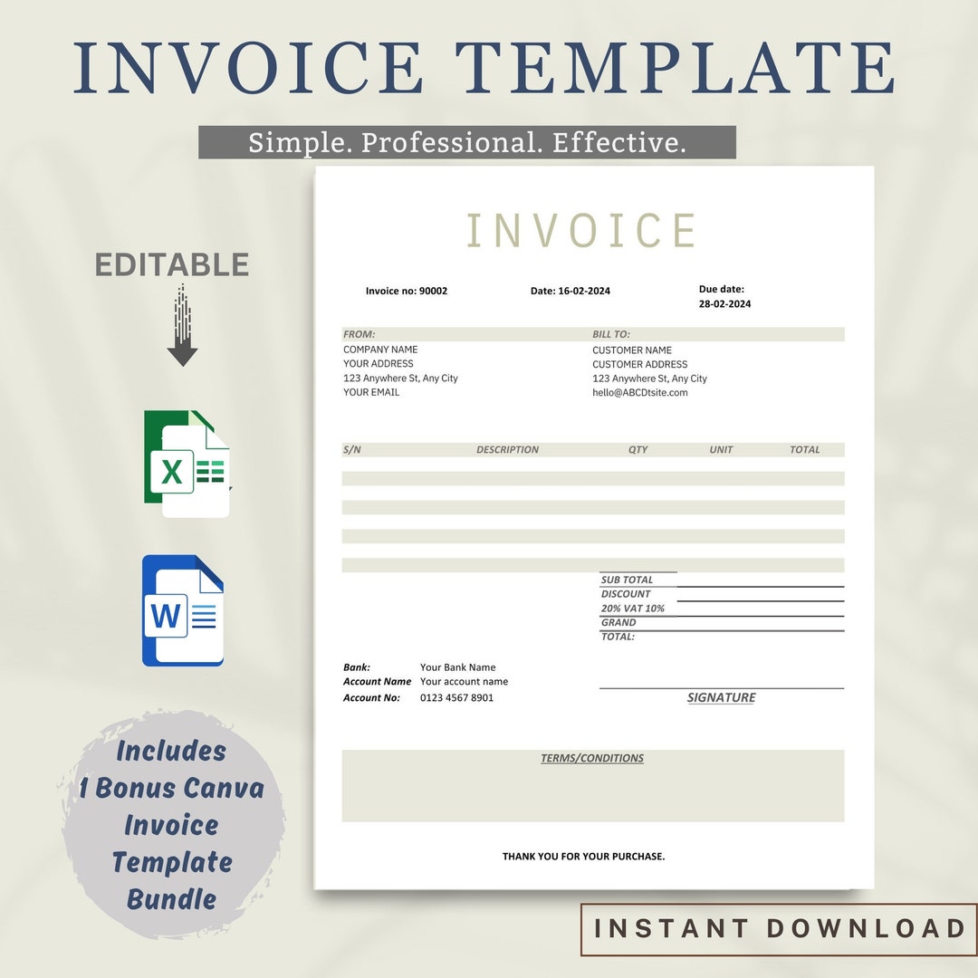 Editable Excel Invoice Template: Modern Business Form (instant Download ...