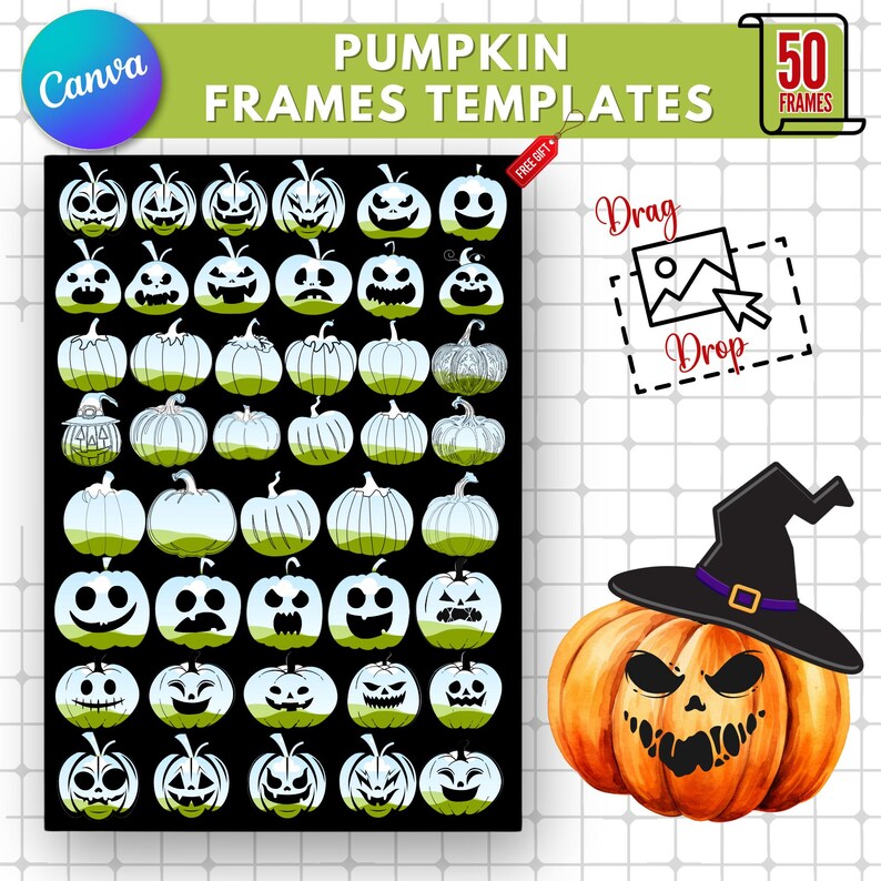 50 Halloween Pumpkin Canva Frame Templates: Floral Clipart (editable ...