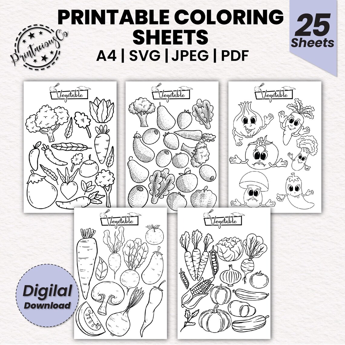 25 Vegetable Coloring Pages for Kids: Homeschool Printables (PDF) - Etsy