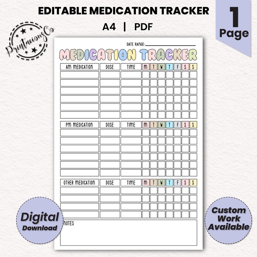 Editable Medication Tracker | Medication Log | Fillable PDF ...