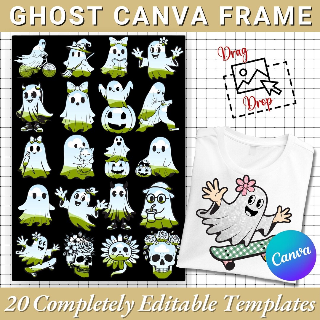 Editable Spooky Ghost Canva Frame Template: Halloween Designs (digital ...