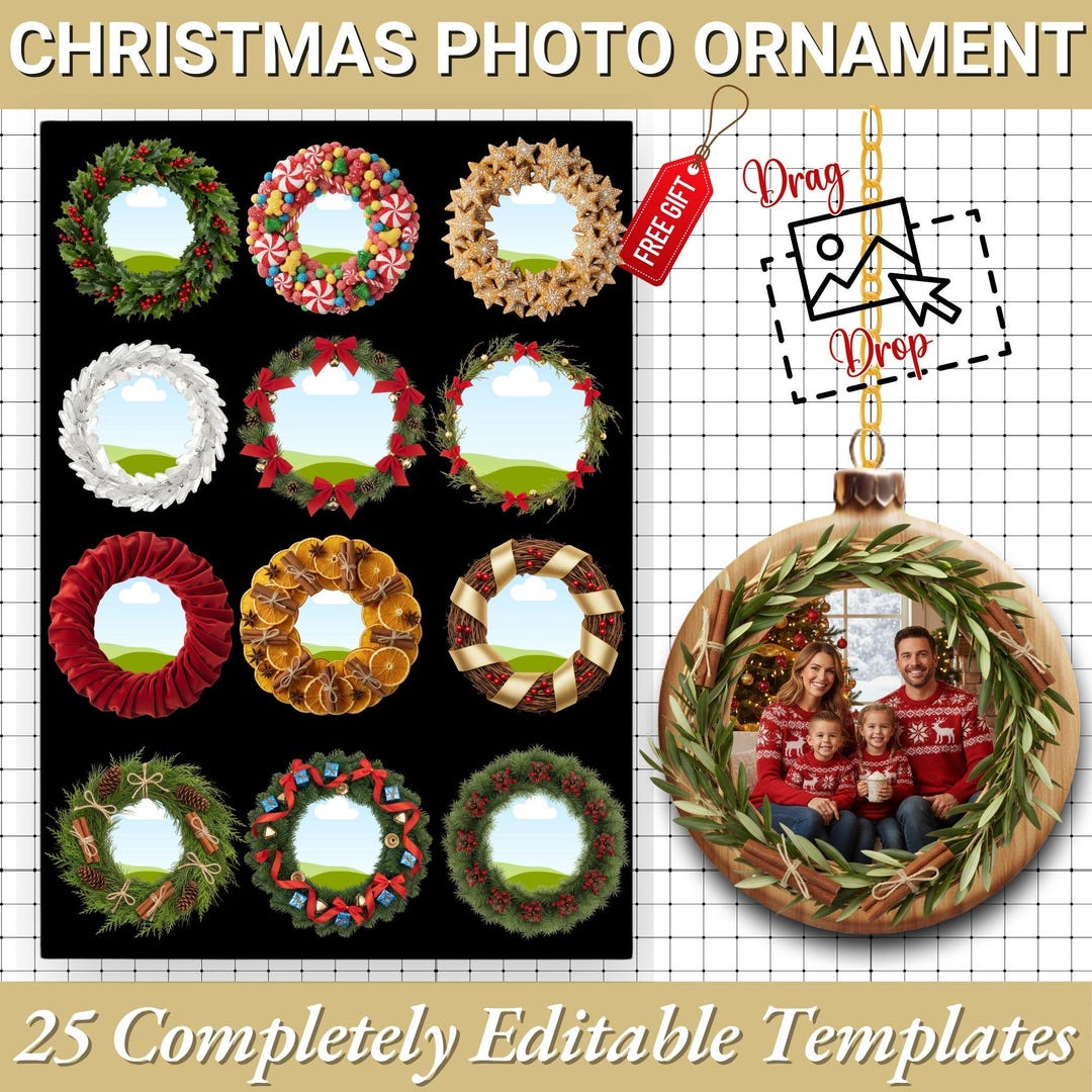 Christmas Photo Ornament Frame Template | DIY Holiday Wreath (digital ...