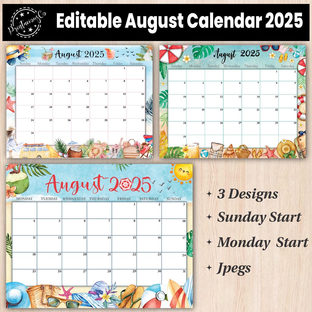 Editable August 2025 Calendar: Printable Monthly Planner (digital ...
