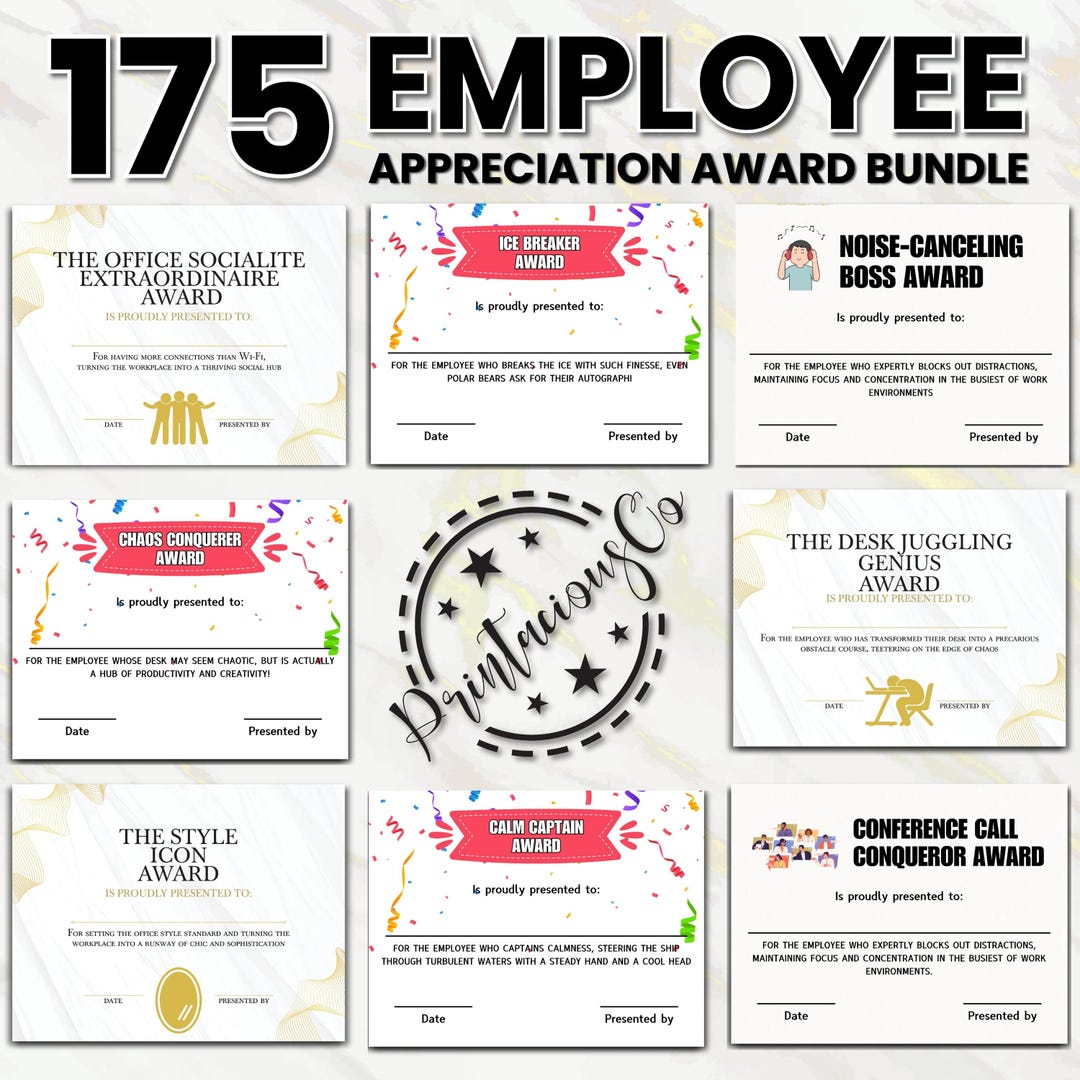 Employee Appreciation Award Certificate Bundle: 175 Printable Designs ...