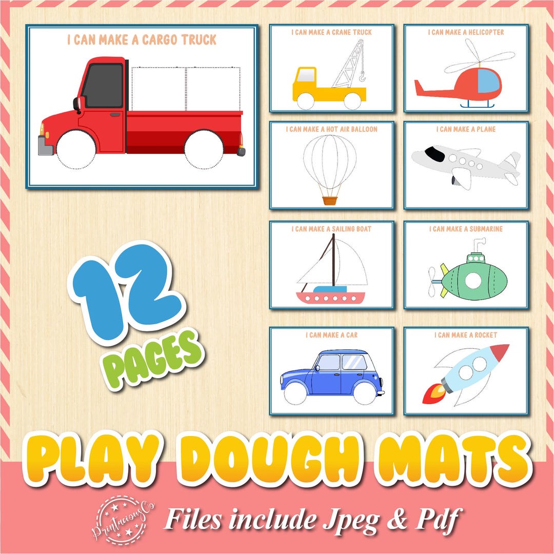 12 Transportation Play Dough Mats Motor Skills Activity Toddler Visual ...