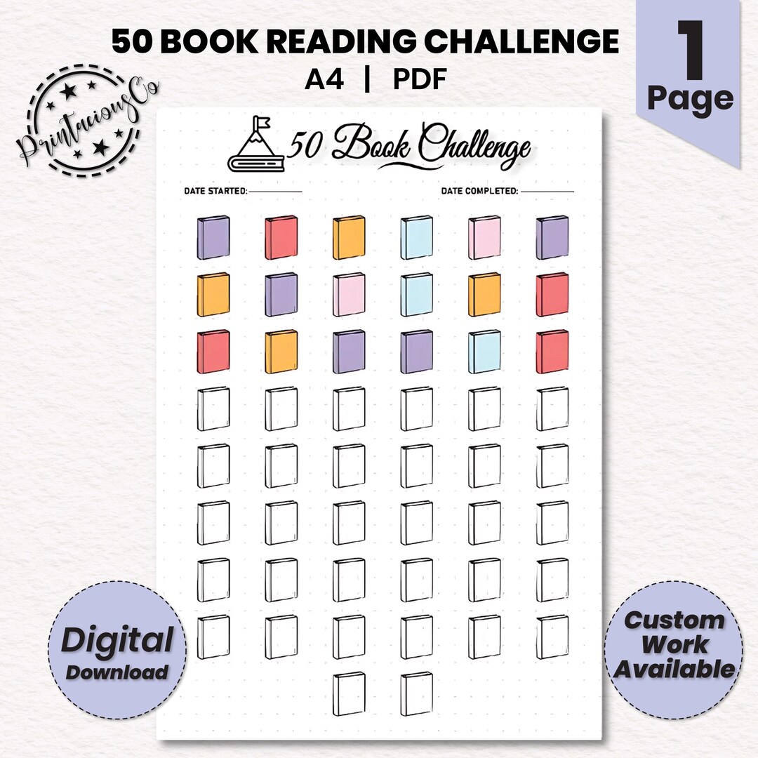 50 Book Reading Challenge: A4 Printable Tracker (PDF) - Etsy