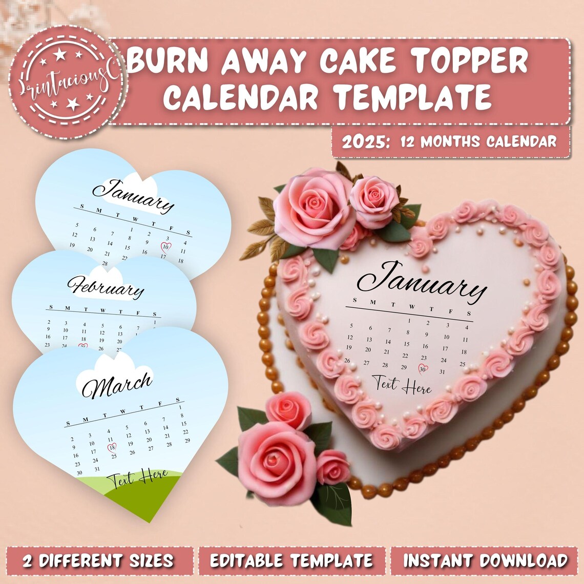 Burn Away Cake Topper Calendar Template: Custom 2025 (digital Download ...
