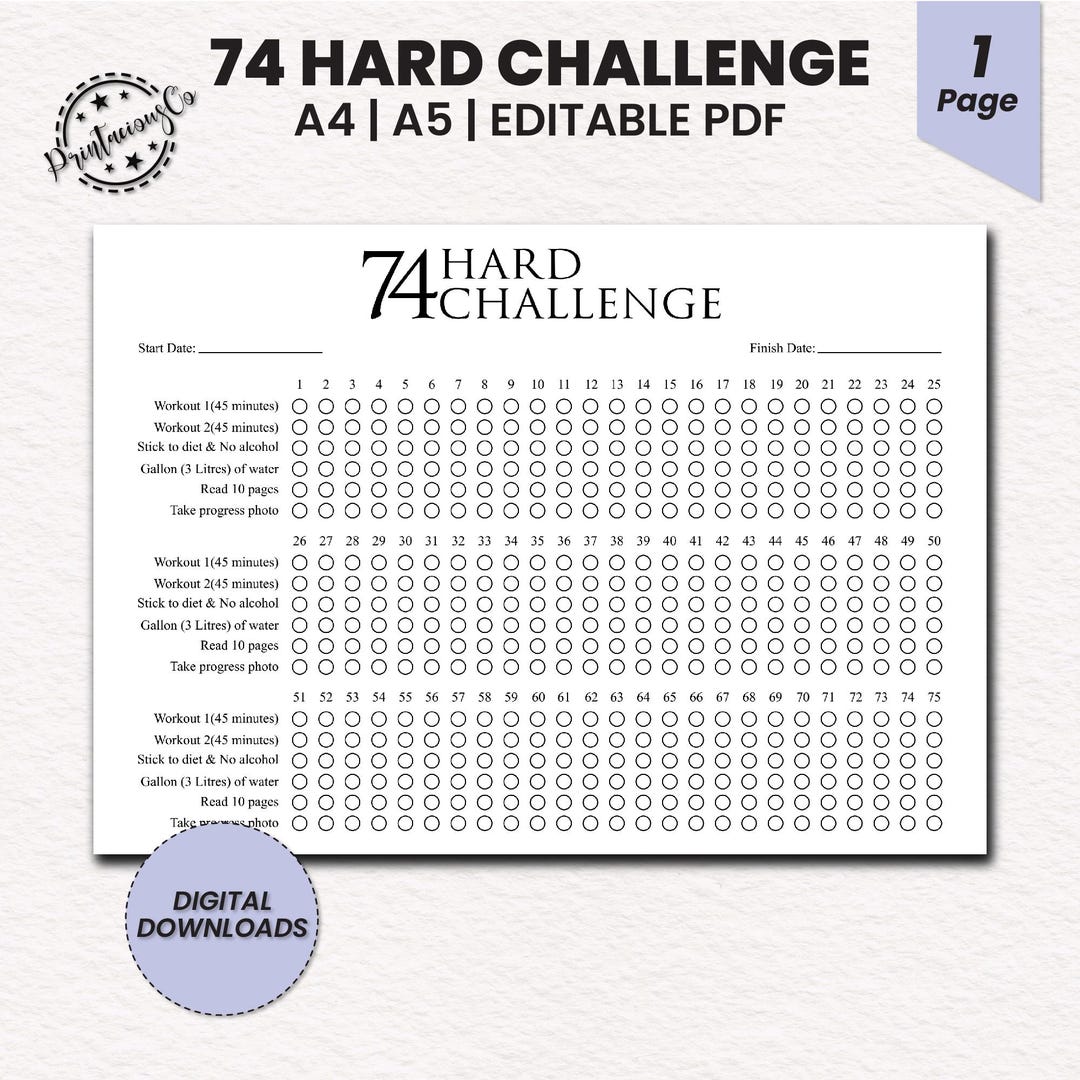 Editable 74 Challenge | 74 Tough Challenge Tracker | 74 Challenge ...