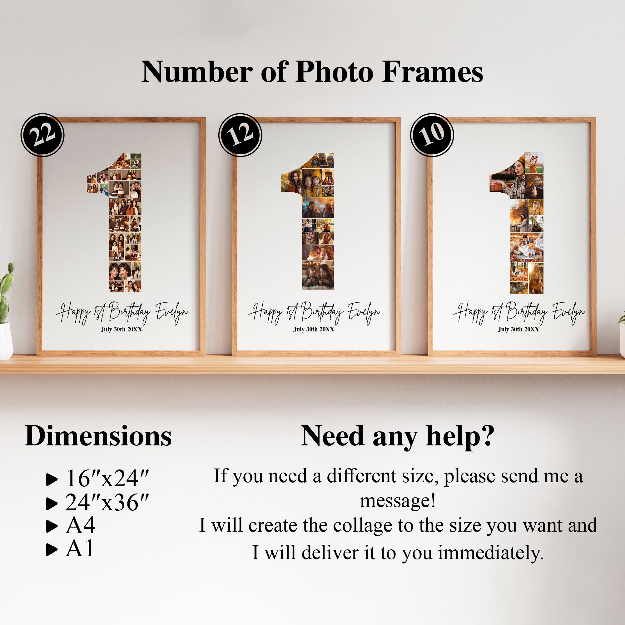 Customizable Birthday Number 1 Photo Collage Printable Canva Frames ...