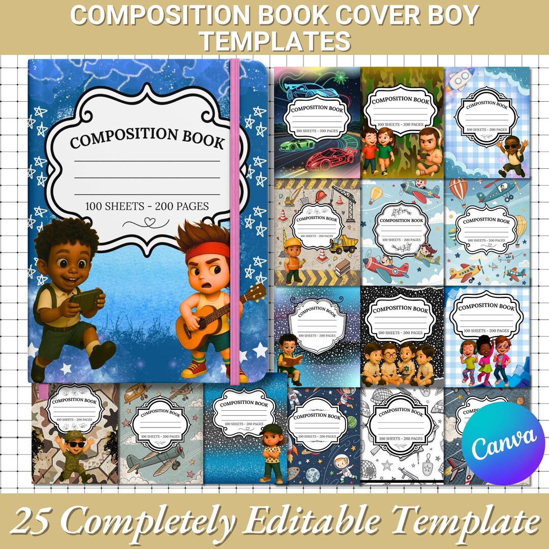 Boy Composition Book Cover Template: Editable Canva Design (printable ...