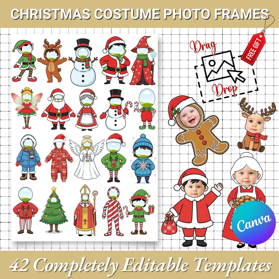 Editable Christmas Costume Photo Frames: Santa, Elf, Reindeer (canva ...
