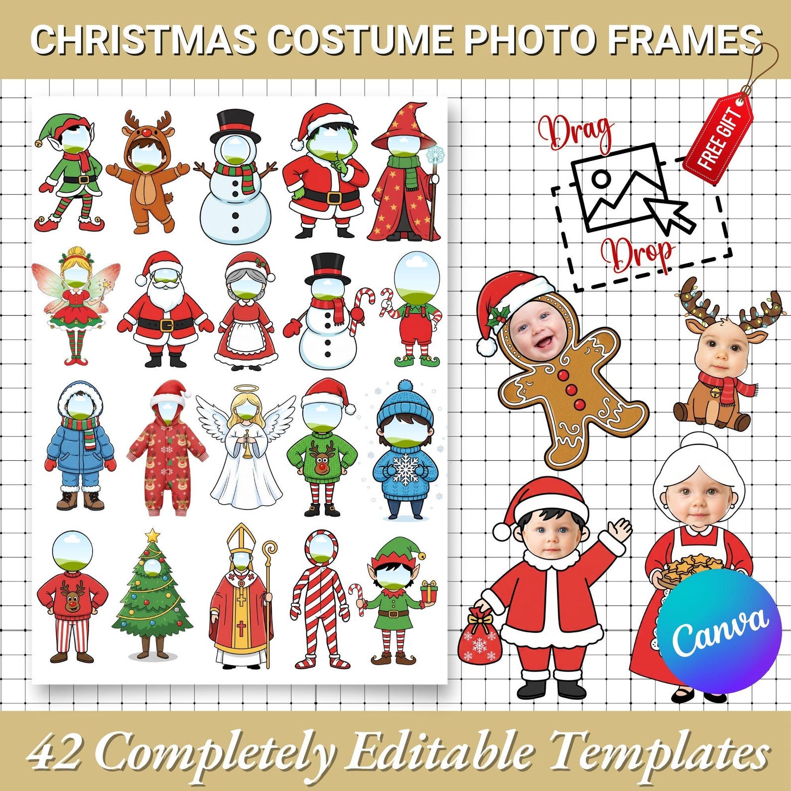 Editable Christmas Costume Photo Frames: Santa, Elf, Reindeer (canva ...