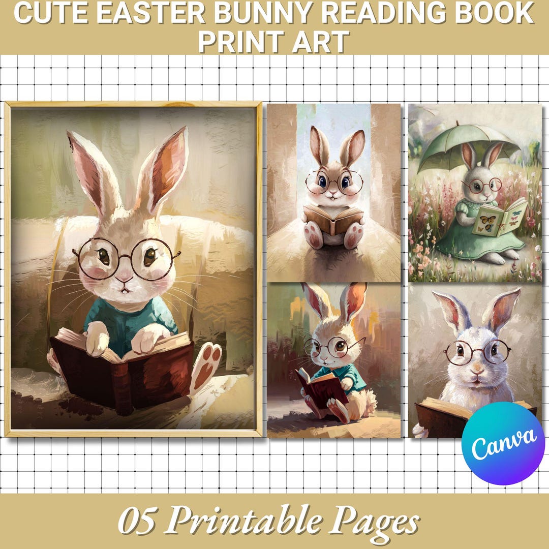 Cute Easter Bunny Reading Book Print |printable Canva Template |vintage ...