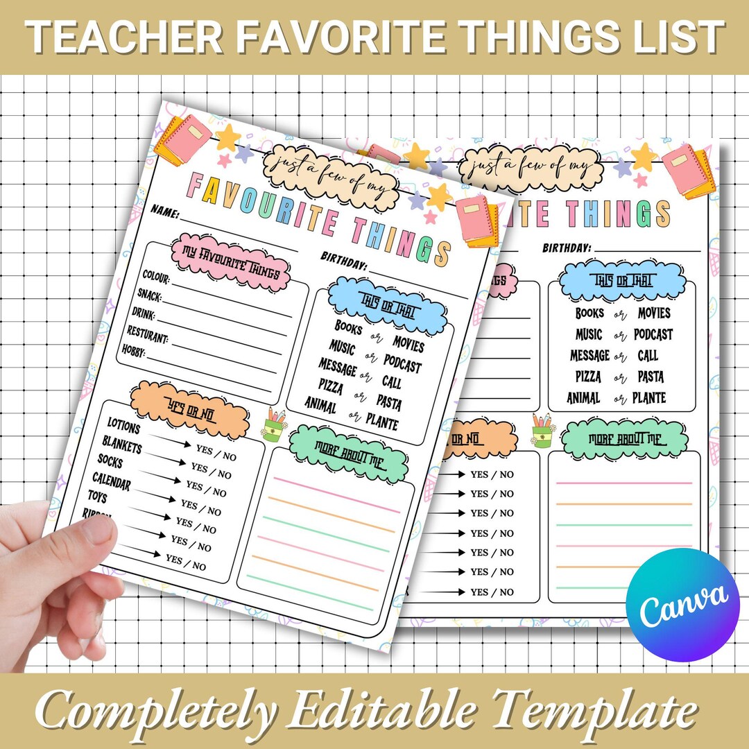 Editable Teacher Favorite Things List Canva Template (digital Download ...