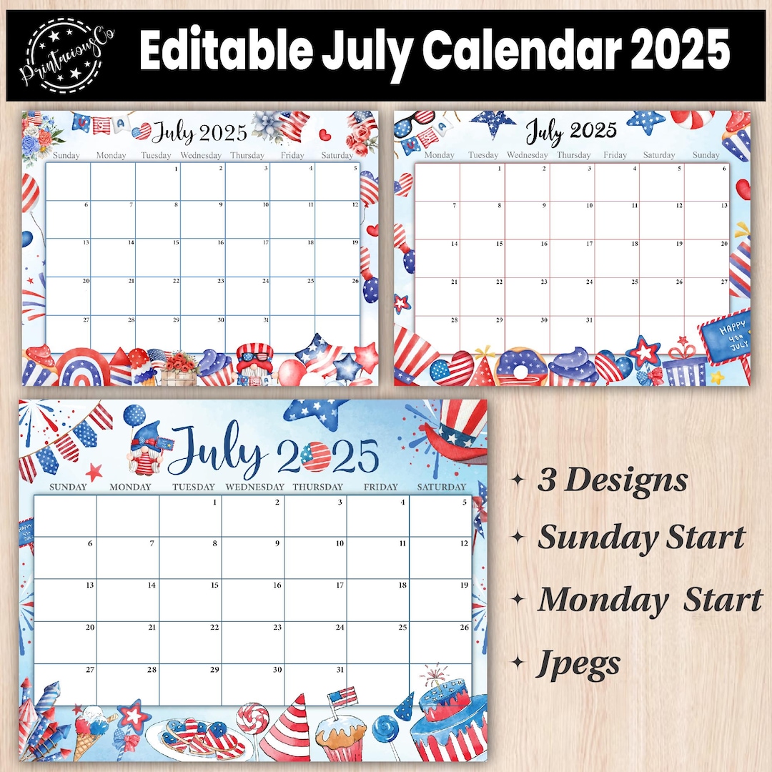 Editable July 2025 Calendar: Printable Monthly Planner (digital ...