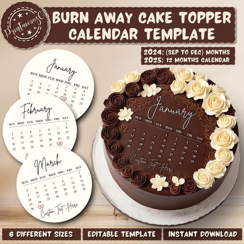 Burn Away Cake Topper Calendar Template: Editable Birthday Cake ...