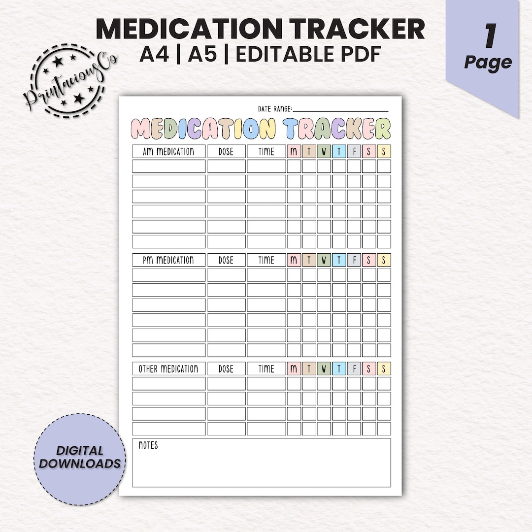 Editable Medication Tracker Medication Log Fillable PDF Medication List ...